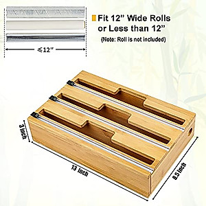 CASAMAY Foil and Plastic Wrap Organizer - Bamboo 3 in 1 Dispenser with Cutter & Labels, Wax Paper, Foil Organization Storage for 12 inch Roll or Less