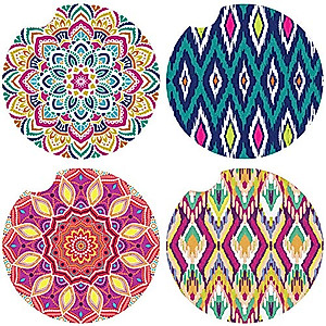 LotFancy 4 Pack Car Coasters Ceramic, Boho Absorbent Car Cup Holder Coasters, 2.56inch, Mandala Style for Women Men, with Finger Notch & Cork Base, 4 Patterns