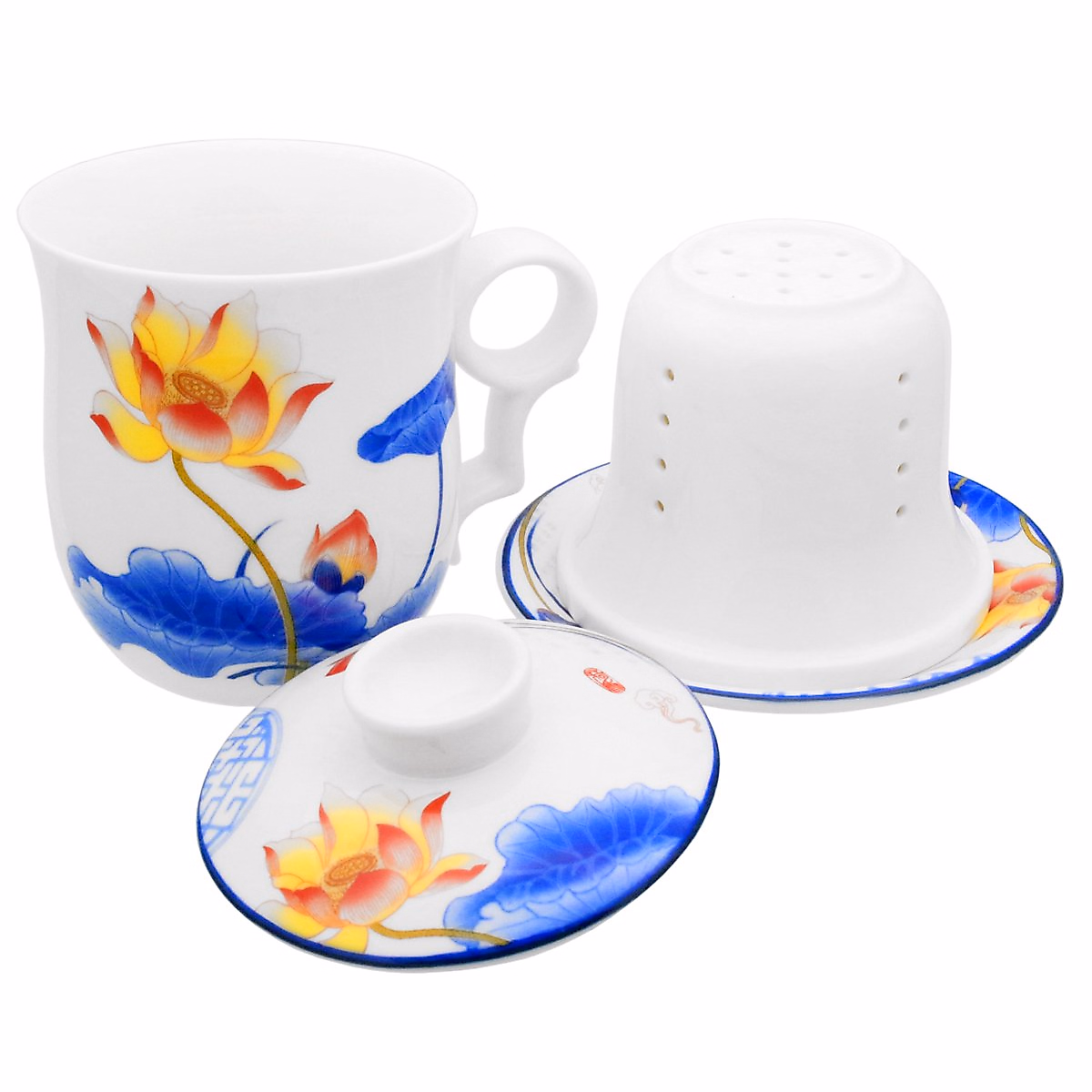 Ameolela Porcelain Tea Cup with Infuser Lid and Saucer Sets - Chinese Jingdezhen Ceramics Coffee Mug Teacup Loose Leaf Tea Brewing System for Home Office