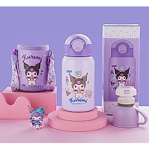 Everyday Delights Sanrio Kuromi Stainless Steel Insulated Water Bottle with Cup, Straw and Bag 500ml - Purple