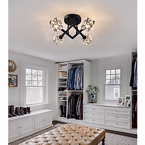 AMZASA Modern Semi Flush Mount Ceiling Light, Black Dining Room Light Fixtures,4-Lights Geometric Crystal Chandelier for Bedroom Entryway Hallway Porch Laundry Room
