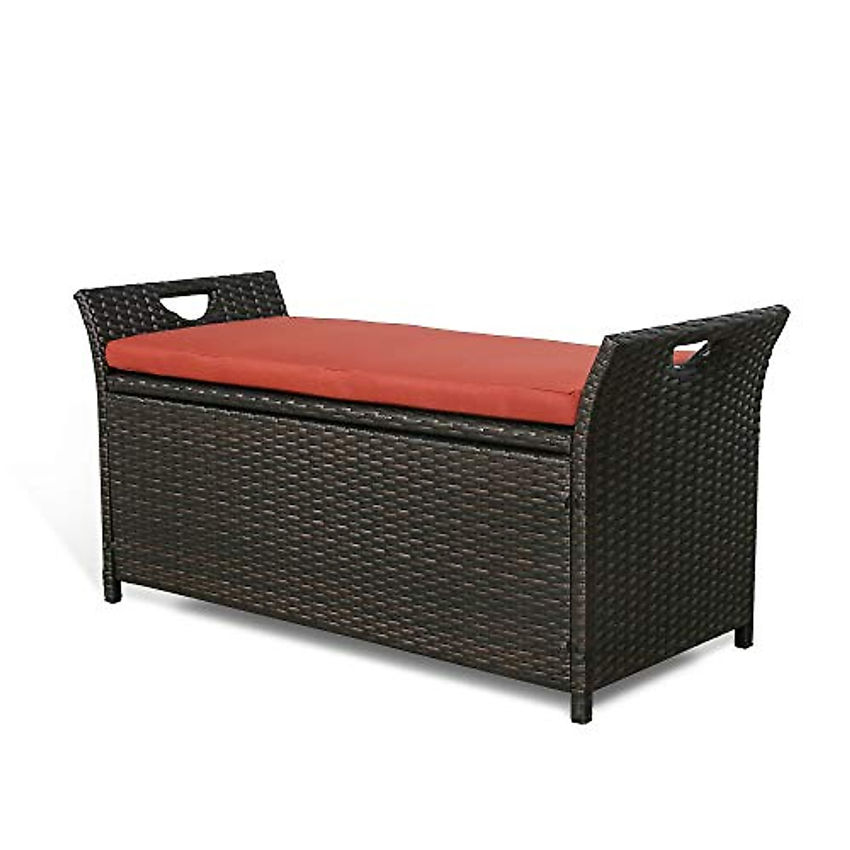 PEAK HOME FURNISHINGS Patio Wicker Storage Box, Outdoor Rattan Storage Bench Deck Bin with Cushion (Red)