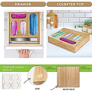 NACUARA Ziplock Bag Organizer Storage for Kitchen Organization, Bamboo Drawer, Foil and Plastic Wrap Dispenser with Cutter, Quart, Gallon, Sandwich, Snack, Compatible with Ziploc Variety Size