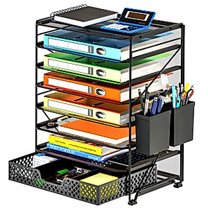 Simple Trending 4-Trays Mesh Office Supplies Desk Organizer, Desktop Hanging File Holder with Drawer Organizer and Vertical Upright Section for Office Home, Black