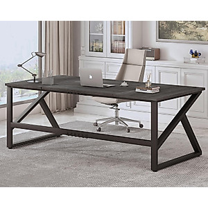IBF Long Desks for Home Office, Large Metal Wooden Computer Desk for 2 Monitors, 70 Inch Two Person Desk for Executive Work Writing Study Gaming, Industrial Modern Big Double Desk, Dark Gray Oak