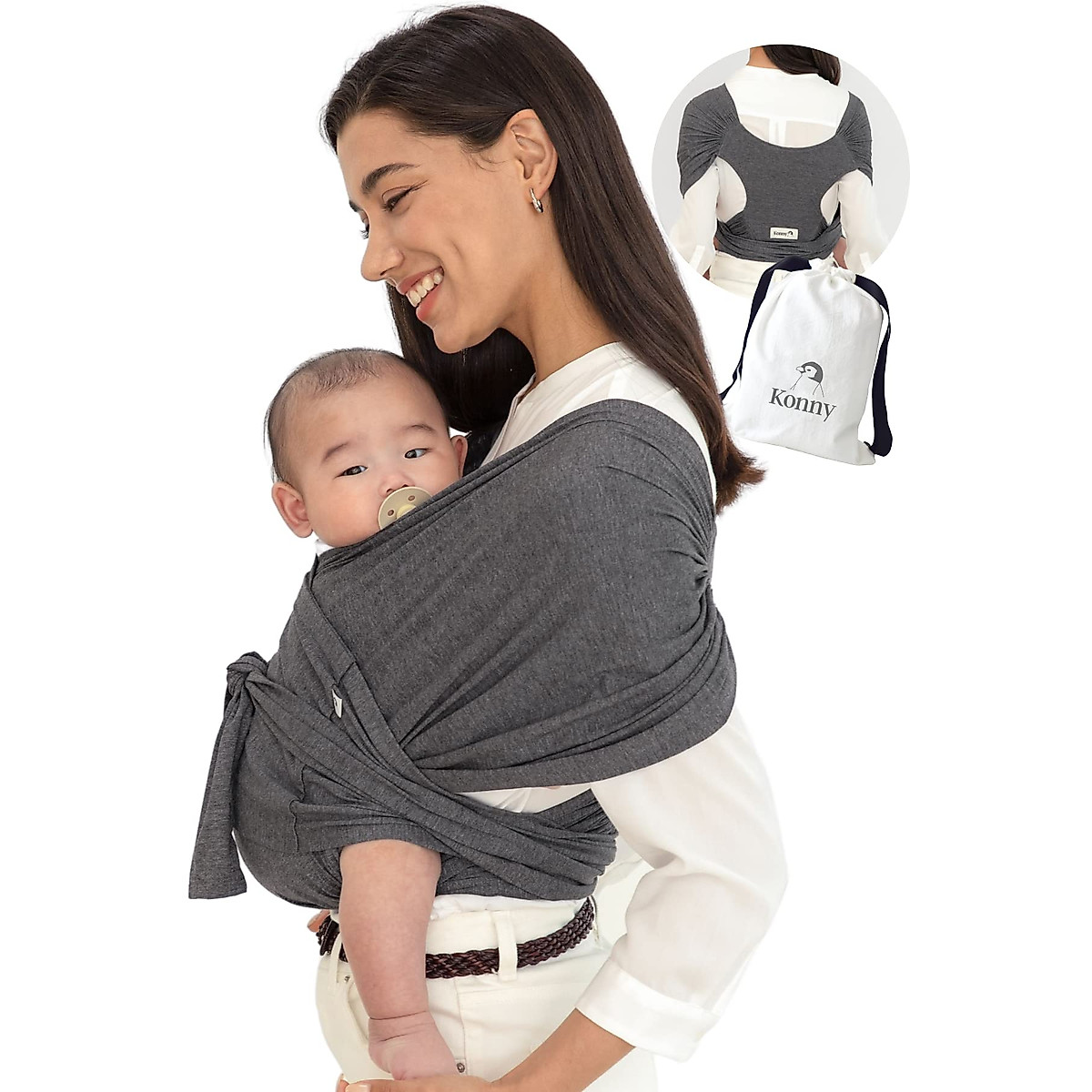Konny Baby Carrier Elastech Luxury Carrier Wrap, Easy to Wear Baby Wrap Carrier, Perfect Essentials Cloths for Newborn Babies up to 44 lbs, (Charcoal, L)