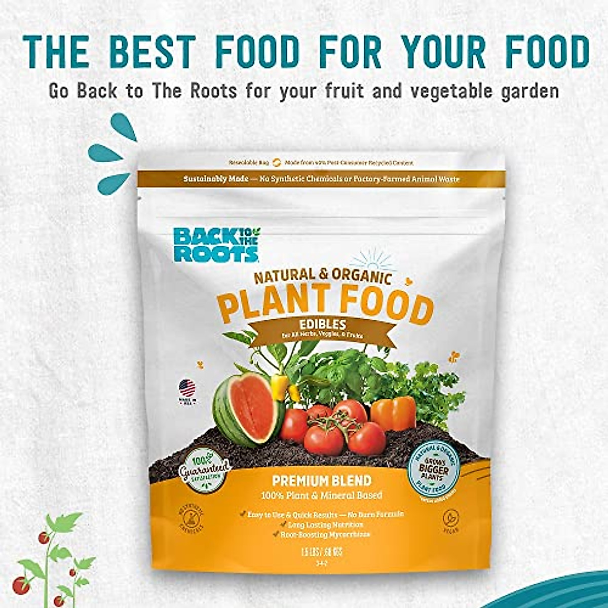 Back to the Roots Edibles Plant Food - Organic, Sustainably-Made Garden Fertilizer Made with Dolomitic Limestone, Mycorrhizae, and Kelp and Alfalfa Meal - 1.5 lb Premium Blend