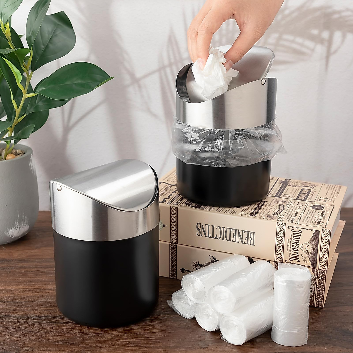 Yiyiring 2 Pcs Desk Trash Can with Swing Lids with 12 Rolls of Trash Bags, 2L Brushed Stainless Steel Countertop Garbage Bin Small Wastebasket with Lid for Office Desk, Coffee Table (Matte Black)