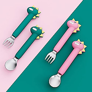 SFCCMM Baby Forks and Spoons Set Baby Training Utensils Self Feeding Toddler Silverware Silicone and Stainless Steel Kids and Toddler Utensil (Green Dinosaur - Long)
