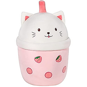 MMguai 14 inch Cute Big Boba Tea Strawberry Cat Plush Soft Hugging Pillow,Large Pink Pearl Milk Tea Stuffed Animals Toy Room Decor,Gifts for Kids Girls Birthday, Christmas