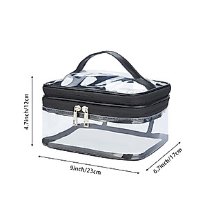 HAOGUAGUA Double Layer Clear Cosmetic Bag Makeup Bag, Waterproof Travel Toiletry Bag, Transparent PVC Hair & Nail Accessories Pouch Beach Bag Organizer (Black)