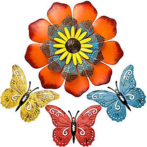 4 Pieces Metal Flowers Wall Decor and Metal Butterfly Wall Art Metal Flower Wall Hanging Decoration Butterflies Wall Sculpture Decor for Indoor and Outdoor Home Office Garden Wall Decoration