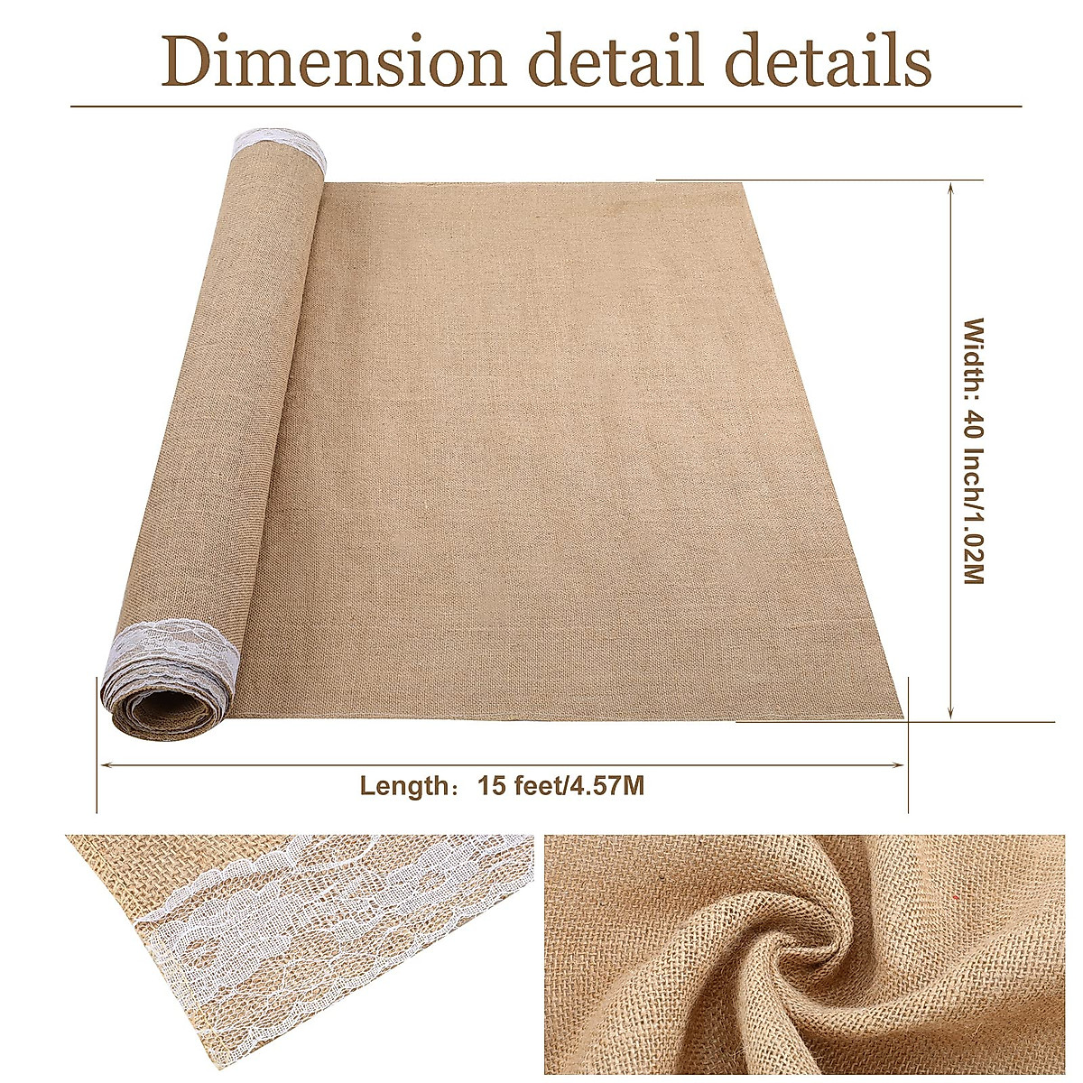 Tudomro Burlap Wedding Aisle Runner for Wedding Ceremony White Lace Wedding Runner Walkway Weddings Carpet Indoor Outdoor Party Event Reception Bridal Shower Ceremony Decorations (40'' x 15 ft)