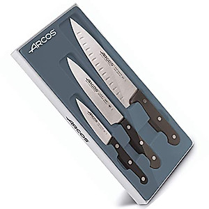 ARCOS Knife Set 3 pieces - Nitrum Stainless Steel and mm blade. Professional Kitchen Knife for Cooking. 590 gr. Ergonomic Polyoxymethylene POM Handle. Series Universal. Greater control. Color Black.
