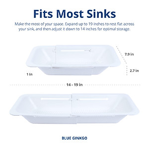 BLUE GINKGO Over the Sink Colander Strainer Basket - Wash Vegetables and Fruits, Drain Cooked Pasta and Dry Dishes - Extendable - New Home Kitchen Essentials (7.9 W x 14.5-19.5 L x 2.75 H) - White