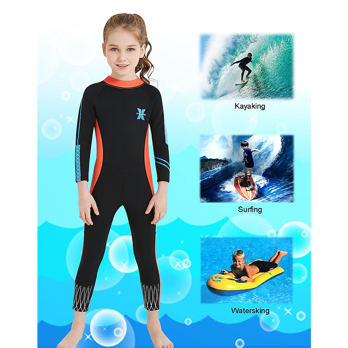 DIVE & SAIL Girls Long Sleeve Swimsuit One Piece UV Sun Protection Full Suit Thermal Diving Wetsuit Swimwear Black L