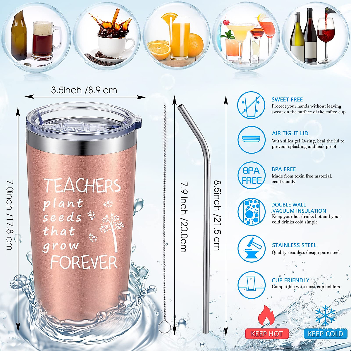 Patelai Teacher Appreciation Gifts 20 oz Teacher Travel Mug Thank You Teacher Gifts Bulk Teacher Tumblers with Lids Straws and Brushes Graduation Gifts for Women Men(Rose Gold, Mint, 4 Pcs)