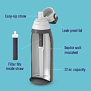 Brita Insulated Filtered Water Bottle with Straw, Reusable, Stainless Steel Metal, Carbon, 32 Ounce