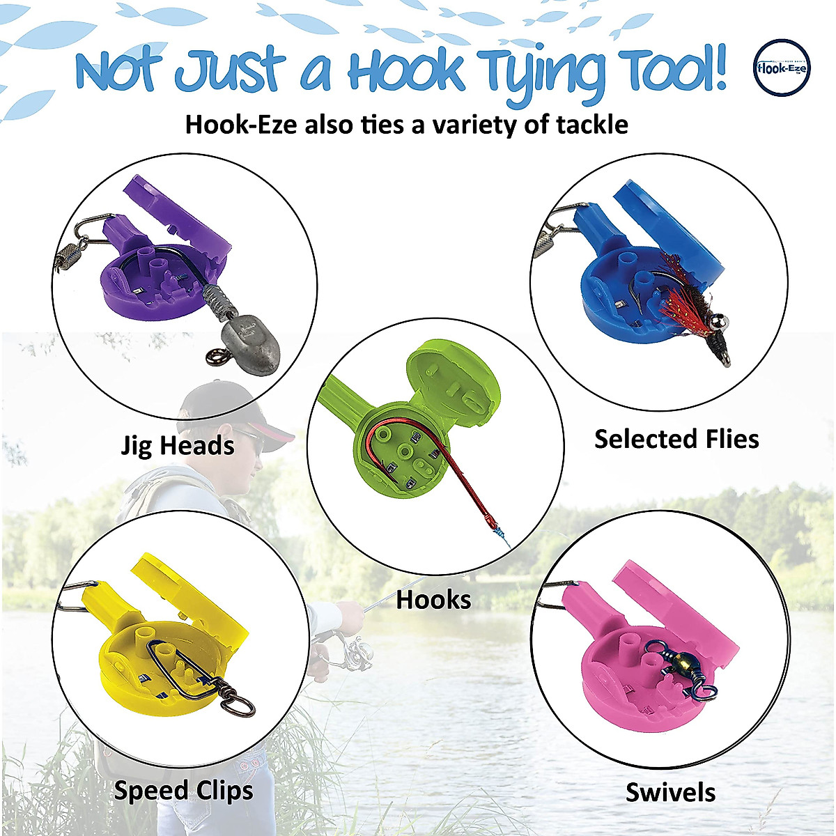 HOOK-EZE Quick Fishing Knot Tying Tool (Pack of 3), Standard Size - Easy Tying Fishing Hooks Cover - Line Cutter - Ideal for Saltwater & Freshwater Fishing - Blue, Green & Yellow