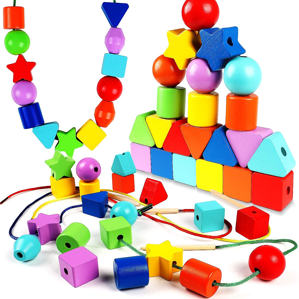 Atoylink 42PCS Lacing Beads Montessori Toys for Toddlers Wooden Primary String Threading Beads Rainbow Lacing Toy Preschool Fine Motor Skills Educational Toy for 3 4 5 6 7 8 Years Old Kids Boys Girls