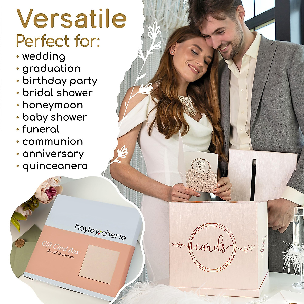 Hayley Cherie - Pink Gift Card Box with Rose Gold Foil Design- Textured Finish - Large Size 10" x 10" - For Wedding Receptions, Baby & Bridal Showers, Sweet 16, Birthdays, 21st Parties, Money