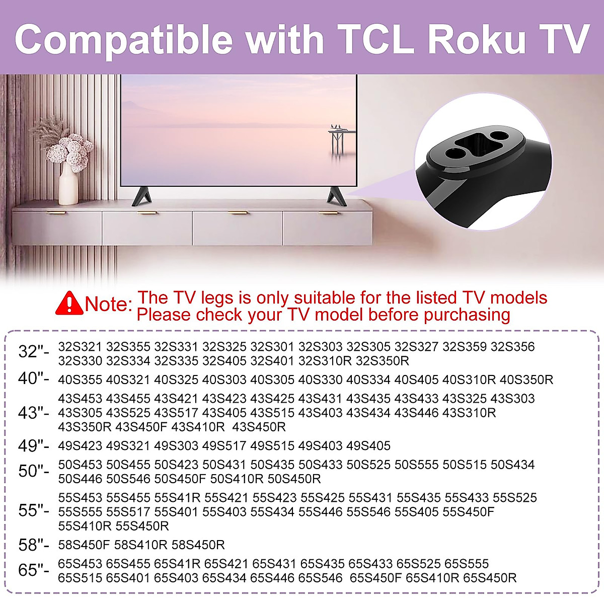 (Upgraded Version) TV Stand Base for TCL Roku TV Legs, Replacement for TCL 32" 40" 43" 49" 50" 55" 65" 32S359 32S355 40S355 43S455 50S525 55S435 65S455 Roku TV Legs Replacement for TCL TV with Screws