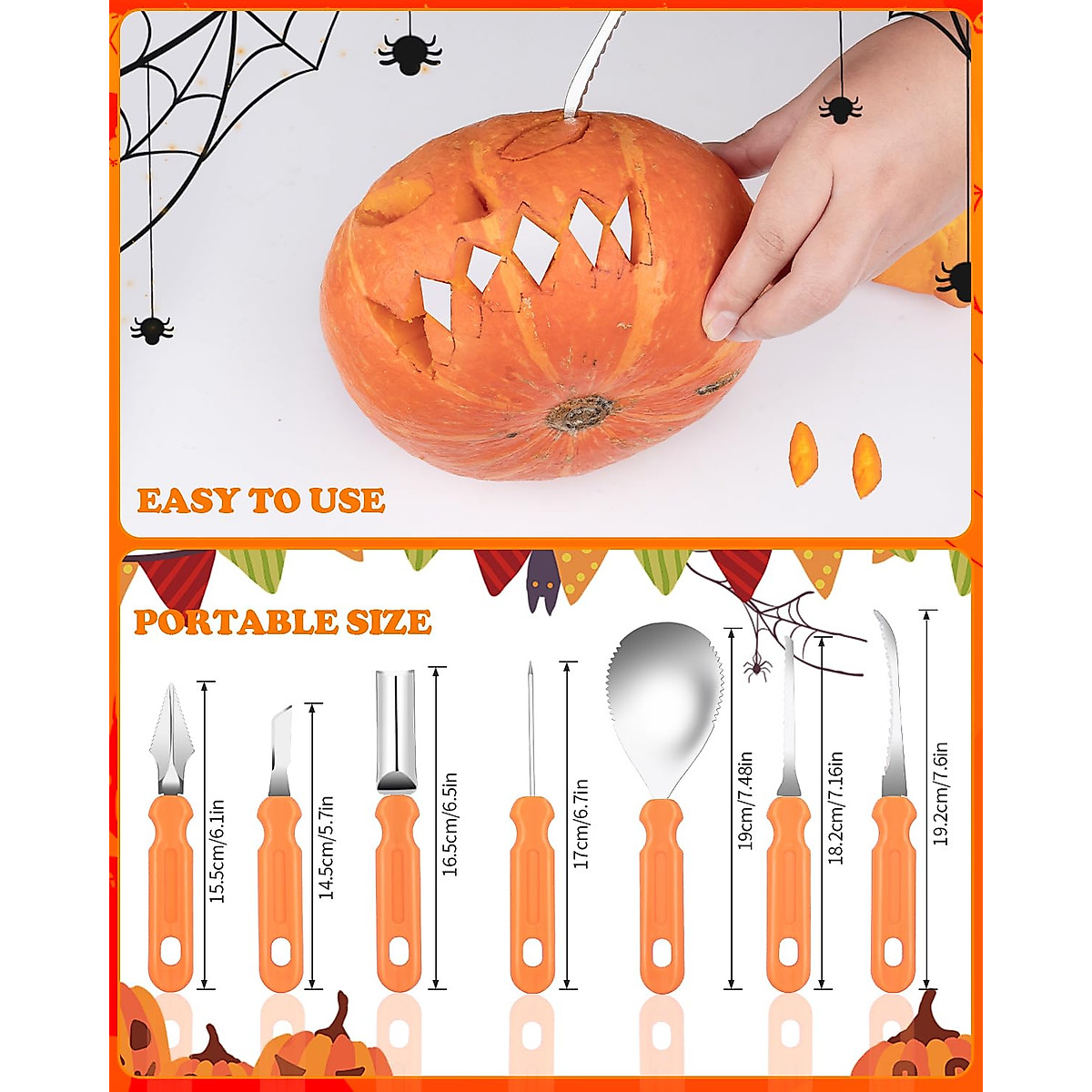 Halloween Pumpkin Carving Tools Kit, Professional and Heavy Duty Stainless Steel Pumpkin Cutter Knife Saw Scoop Tools Set for Kids or Adults, 7Pcs Carving Set for Halloween Decoration Jack-O-Lanterns