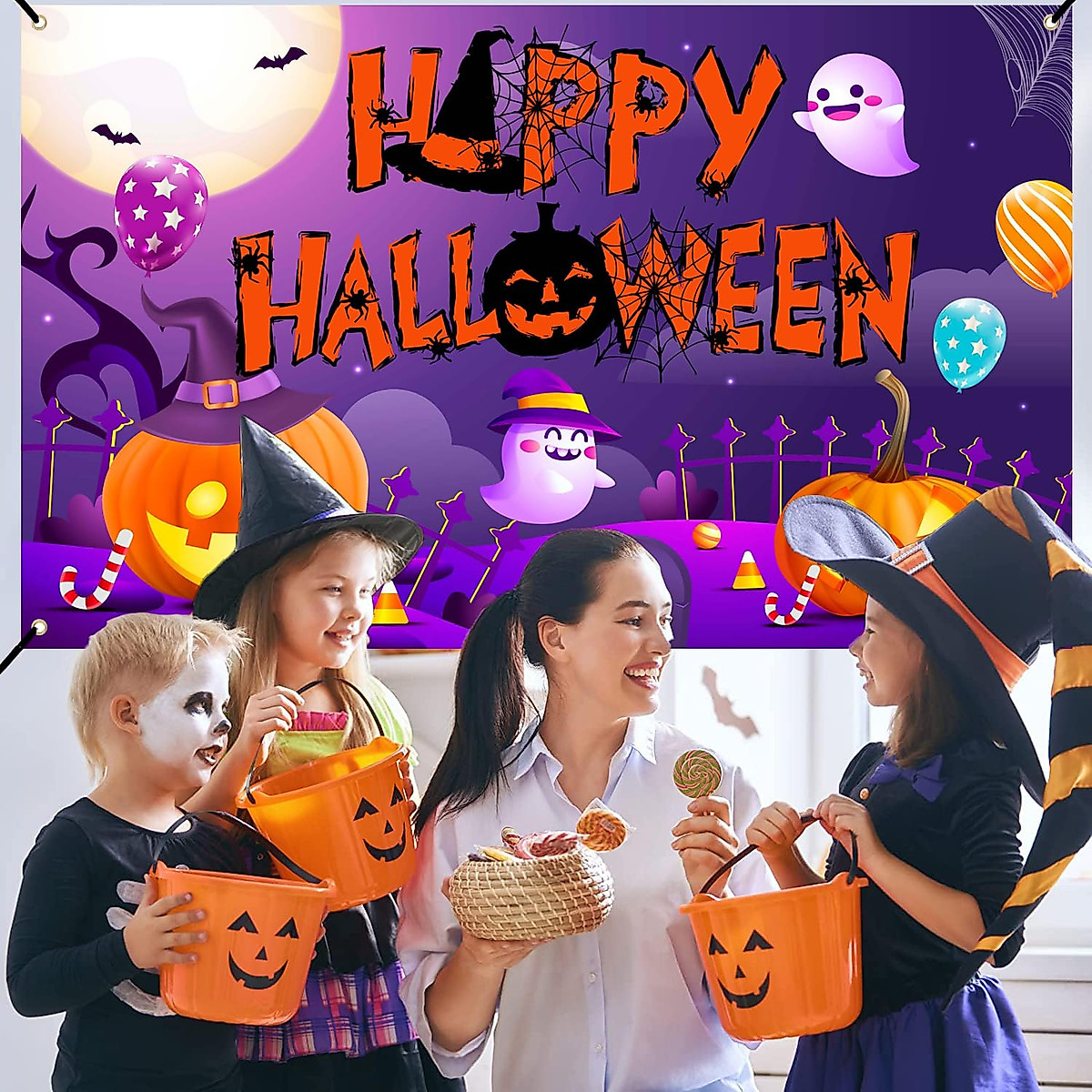 Large Happy Halloween Banner Backdrop 72x44 Inch, Spooky Pumpkin Happy Halloween Banner for Purple Halloween Party Decorations, Halloween Pumpkin Banner Photo Booth Background