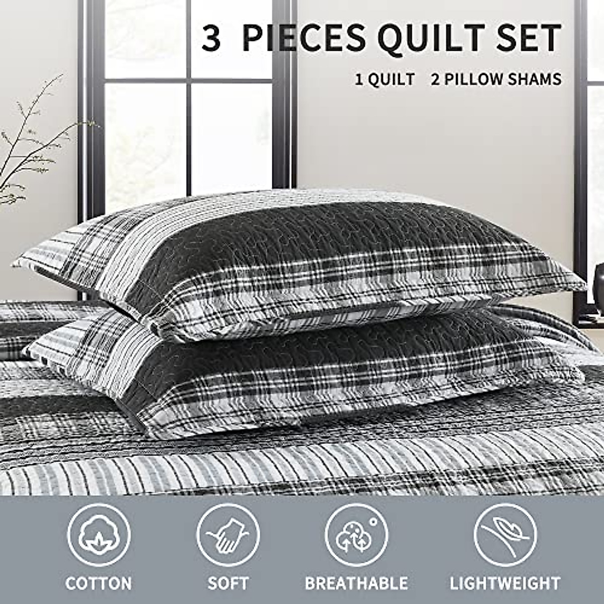 Homzard King Size Quilt,Black and White Striped Quilt King Size Bedding Set,Grey King Quilt Bedding Set,Farmhouse Lightweight Quilt Set for King Size Bed,100% Cotton Quilt Bedding All Season