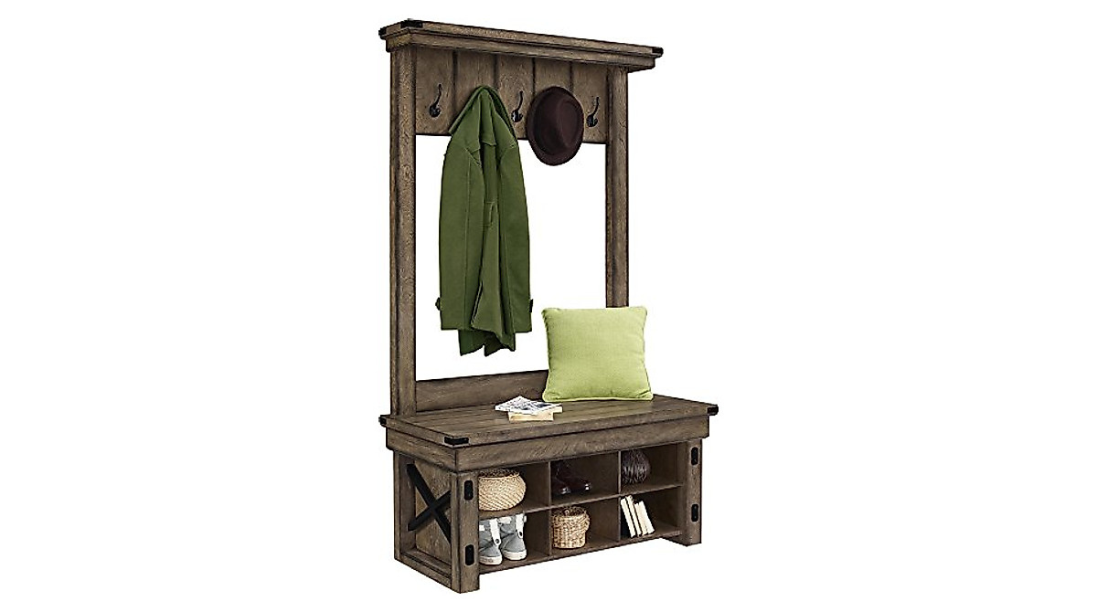 Ameriwood Wildwood Entryway Hall Tree with Storage Bench | Rustic Gray