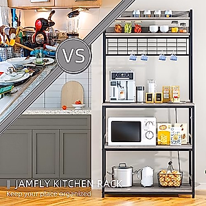 JAMFLY Kitchen Bakers Rack with Power Outlet, Coffee Bar Cabinet, Kitchen Racks with Storage Cabinet, 5-Tier Microwave Stand with 10 Hooks and Metal Wire Panel (31.5'', Gray)