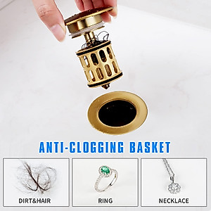 JONKEAN Bathroom Pop Up Drain Without Overflow,Vanity Vessel Sink Drain with Detachable Strainer Basket,Pop Up Drain Stopper Hair Catcher, Built-in Anti-Clogging Strainer(Brushed Gold)