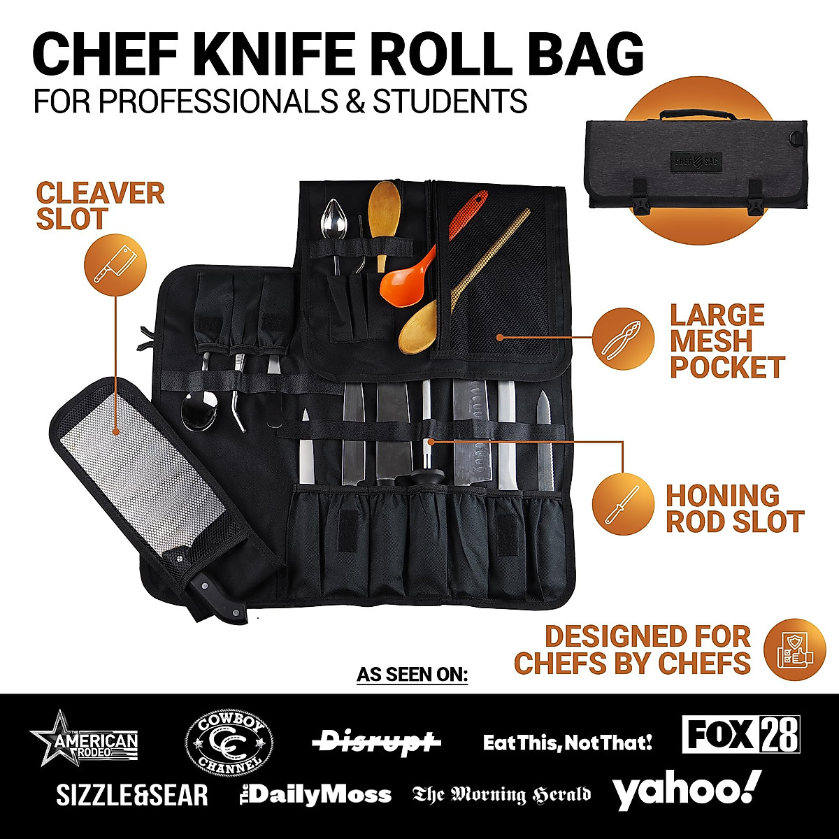 Chef Knife Roll Bag | 8+ Slots for Knives & Kitchen Tools | Water Resistant Knife Bag | Knife Carrying Case Only, Tools Not Included | Chef Knife Bag for Professional Chefs & Culinary Students (Black)