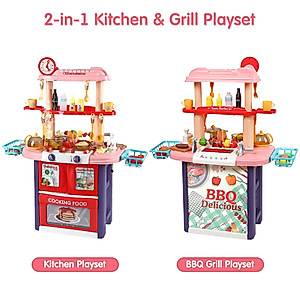 Play Kitchen Playset, 2 in 1 Gill and Kitchen Toys for Toddlers Kids Girls Boys