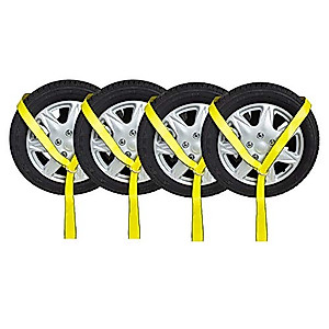 Mytee Products (4 Pack 2" x12' Winch Lasso Strap with O Ring, Yellow - Car Tie Down Tire Straps for Trailers Auto Tow Car Hauler Wheel Net