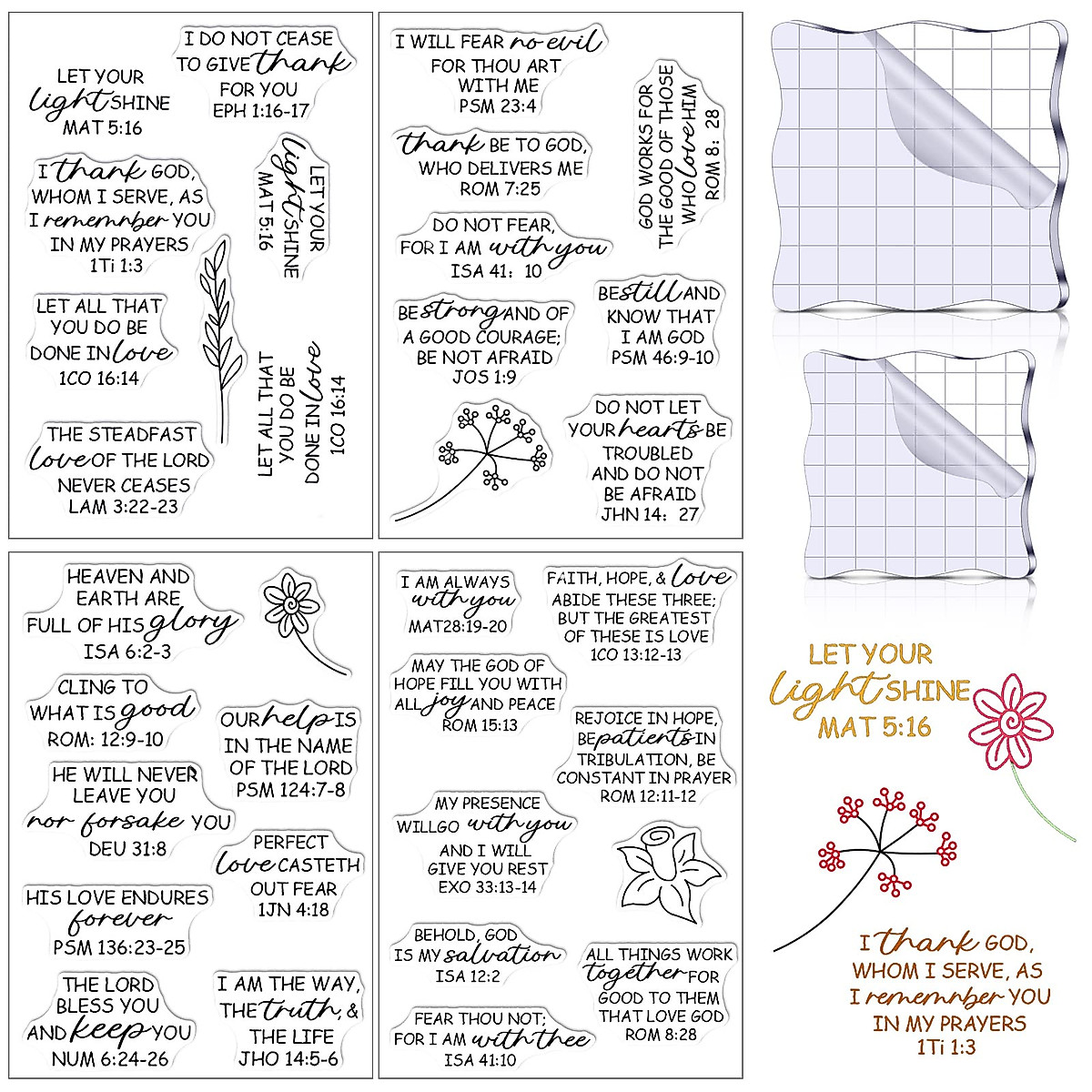4 Sheets Stamps for Crafting Bible Verse Clear Stamps Set Acrylic Making Christian Scrapbooking Stamp Rubber 2 Pieces Blocks Tools with Grid Lines for DIY Scrapbooking Making(Classic Style)