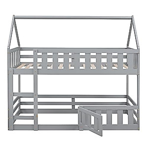 DRELOFT Twin Over Twin Floor Bunk Bed with Roof, Twin Low House Bunk Bed Frame with Ladder, Fence and Door for Kids Teens Boys Girls, Easy Assembly, Gray
