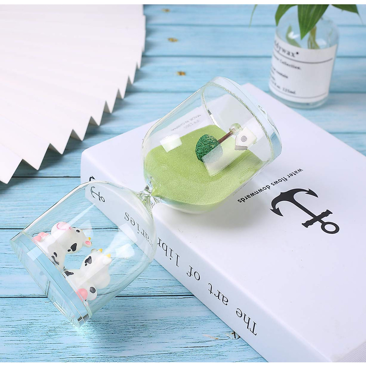 Falytemow 30 Minutes Hourglass Green Farm Sand Timer Cute Cow Desktop Decoration for Kitchen School Teaching