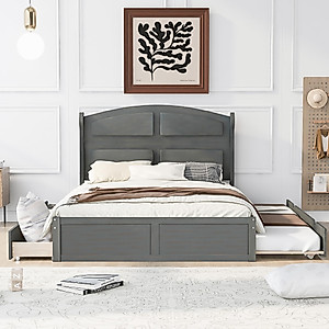 FANYHOME Queen Bed with Twin Size Trundle and 2 Drawers, Wood Queen Size Platform Bed Frame with Headboard, Trundle Bed with Storage for Girls Boys Teens Adults, Antique Gray