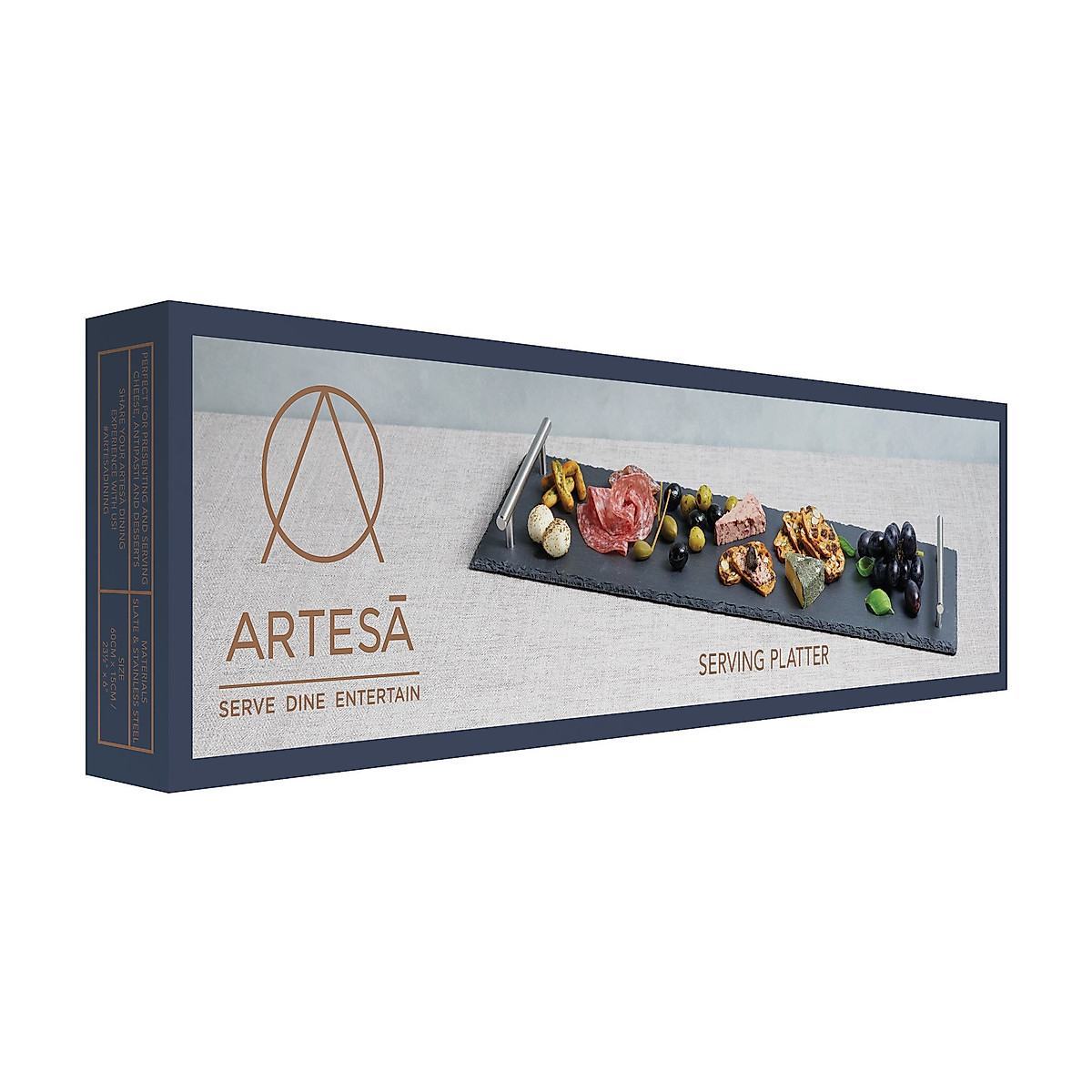 Artesa Tableware, Slate Serving Platter with Brushed Metal Handles, 60 x 15cm, with Gift Box
