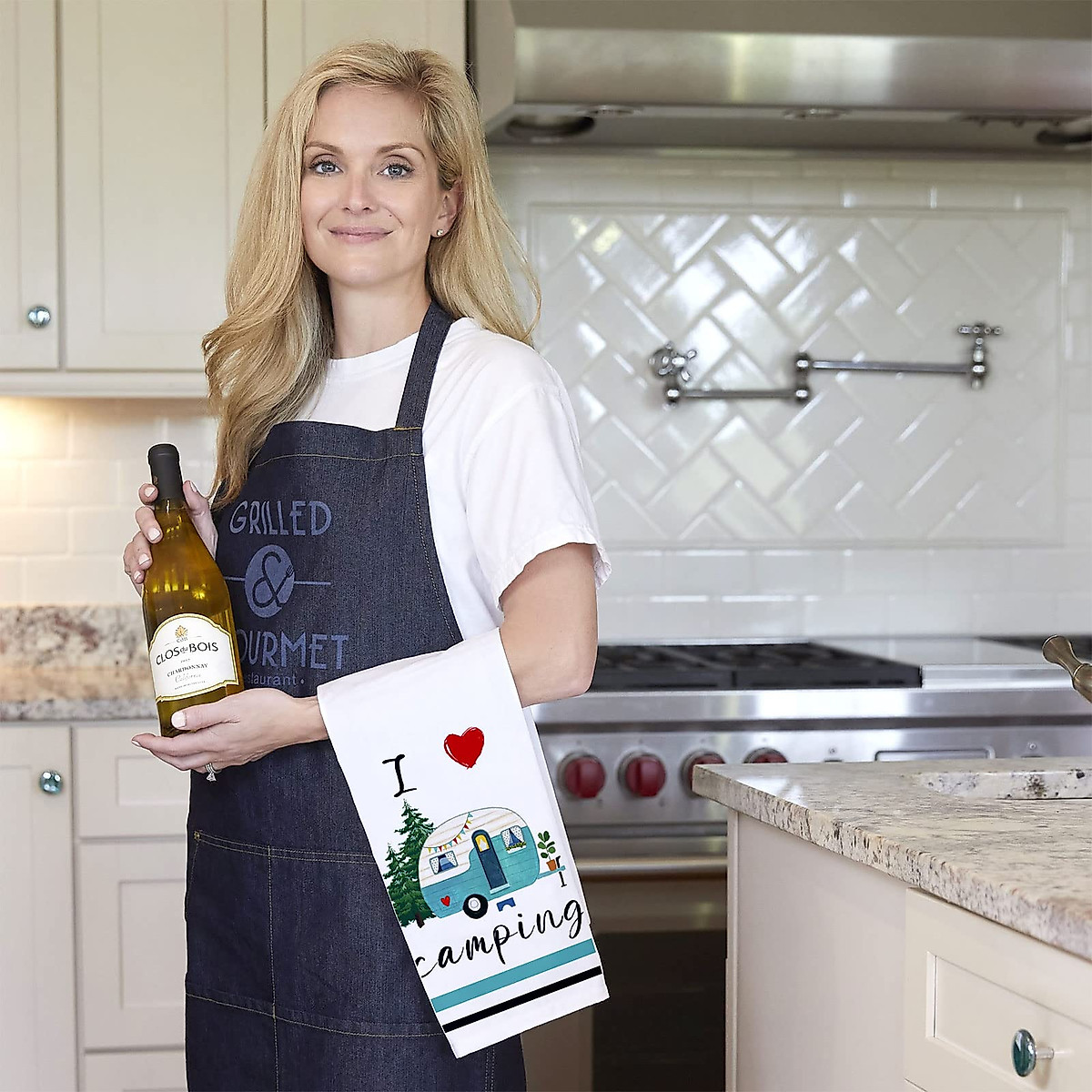 Camping Kitchen Towels Set of 4 Dish Towels Kitchen Hand Towels Kit Printed with Funny Sayings Novelty Gifts for Campers Happy Camper Camping Tent Pine Tree Farmhouse RV Decor Sign Home Decorations