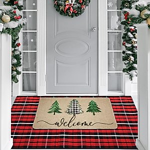 FuWeave 2 Pcs Christmas Doormats with Outdoor Rug Christmas Door Mat Combo Set 100% Coir Welcome Mat and 27.5"x 43" Buffalo Plaid Layering Rug for Xmas Holiday Christmas Outdoor Front Porch Decor