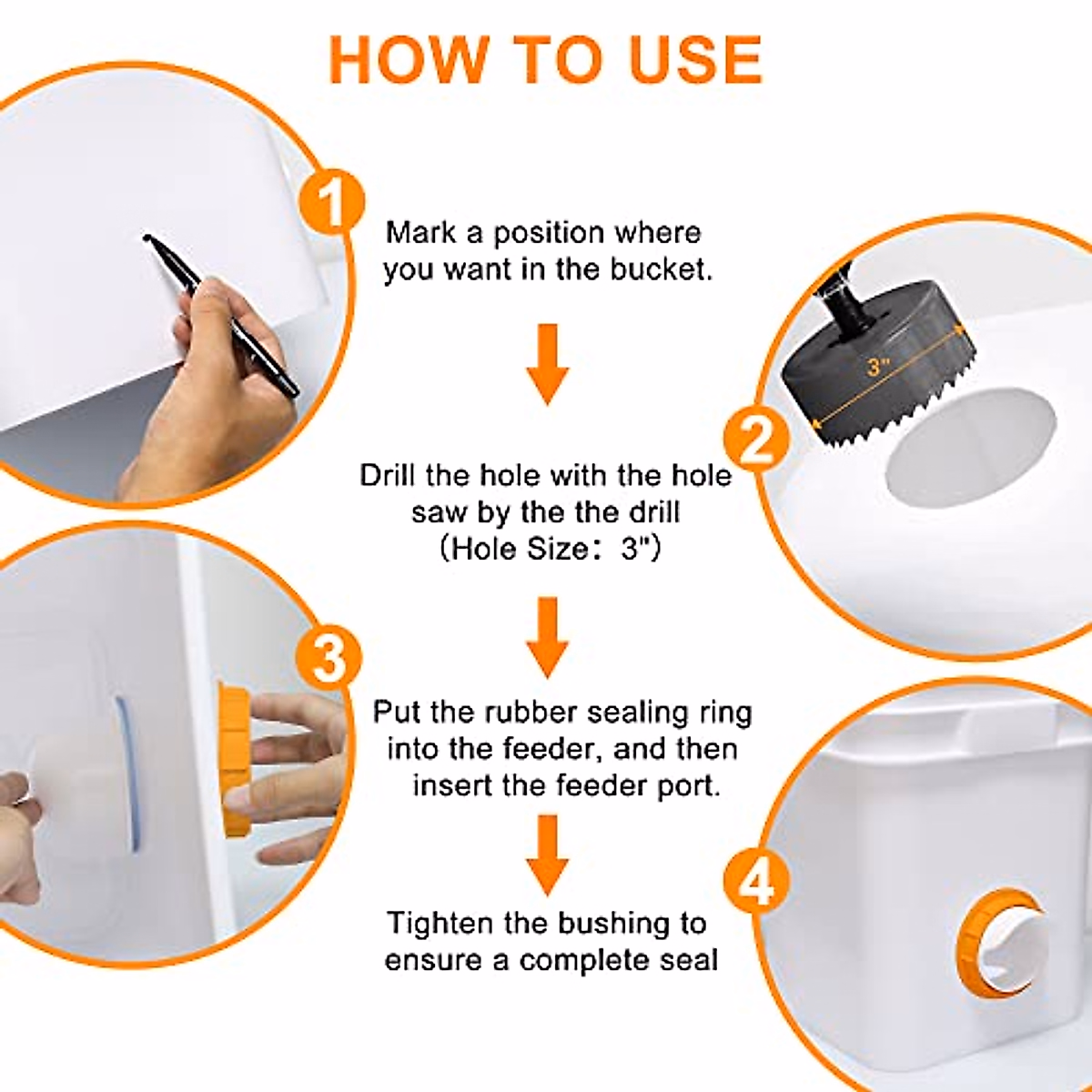 RTOSY DIY Chicken Feeder Port, 6 Pack No Waste Poultry Feeder Kit with Caps & Hole Saw, Rain Proof DIY Automatic Chicken Feeders for Buckets, Barrel, Bins (6 Ports & 1 Hole Saw)