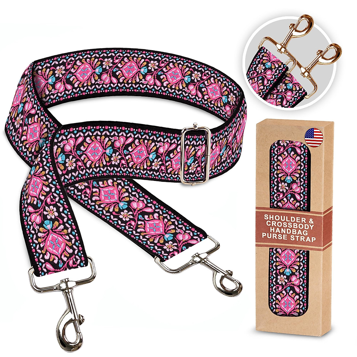 Pink Cotton Handbag Strap & Purse Strap Replacement - Jacquard Woven Embroidered Guitar Strap Styled Shoulder & Crossbody Strap - Adjustable Bag Strap For Tote And Messenger Bags – Silver Hardware