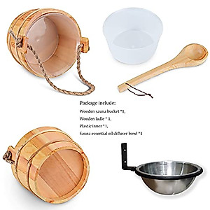 Novalty Sauna Bucket and Ladle Set 5 Liter (1.3 Gallon) Handmade Finnish Pine Wooden Water Bucket with Plastic Liner and Rope Handle with Essential Oil Diffuser Bowl