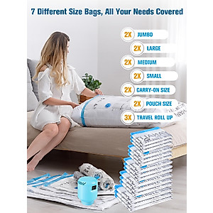 Vacuum Storage Bags with Electric Air Pump, 15 Pack (3 Jumbo, 3 Large, 3 Medium, 3 Small, 3 Roll Up Bags) Space Saver Bag, Vacuum Sealer Bags for Clothes, Blanket, Duvets, Pillows, Comforters, Travel