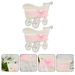 ARTIBETTER 2pcs Wicker Stroller Rattan Woven Basket Candy Snacks Goodie Treat Cart for Shower Centerpieces Decoration Pink