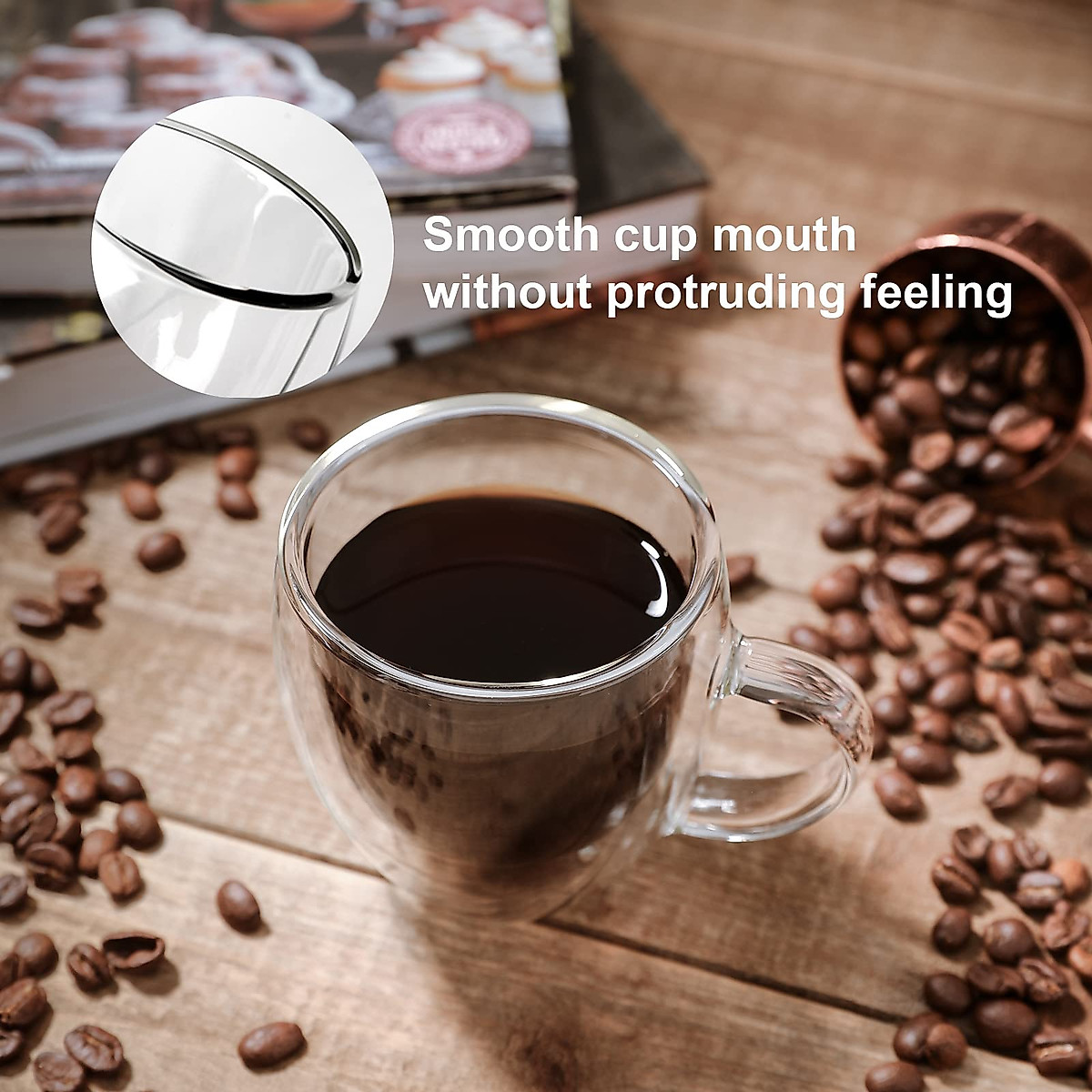 KitchenTour Double Wall Insulated Cups 6oz with Handle Set of 4 - Small Glass Mugs Set for Espresso Machine and Coffee Maker - Demitasse Cups Gift for Coffee,Latte,Cappuccino