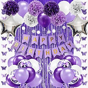 Lasocy Purple Birthday Decorations for Women Girls Butterfly Hanging Garland Purple and White Silver Lavender Party Decorations Set with Happy Birthday Banner Purple Foil Background Pompom Flower