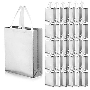 30 Pcs Silver Reusable Gift Bags Glossy Grocery Shopping Bags Reusable Tote Bag with Handles Non Woven Grocery Totes Glitter Gift Tote Bags for Bridesmaid Birthday Wedding Party, 11.8 x 3.9 x 13 Inch